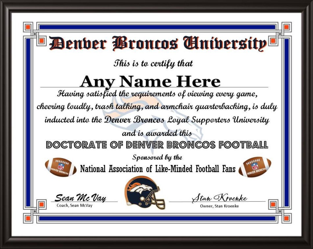 DENVER BRONCOS NFL Football Fan Personalized Certificate Diploma Sports ...