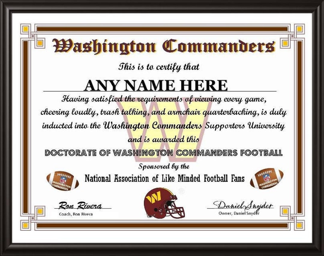 WASHINGTON COMMANDERS FOOTBALL Fan Personalized Certificate Diploma ...