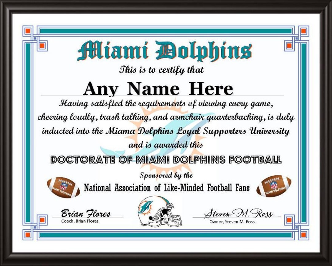 MIAMI DOLPHINS NFL Football Fan Personalized Certificate Diploma Sports ...