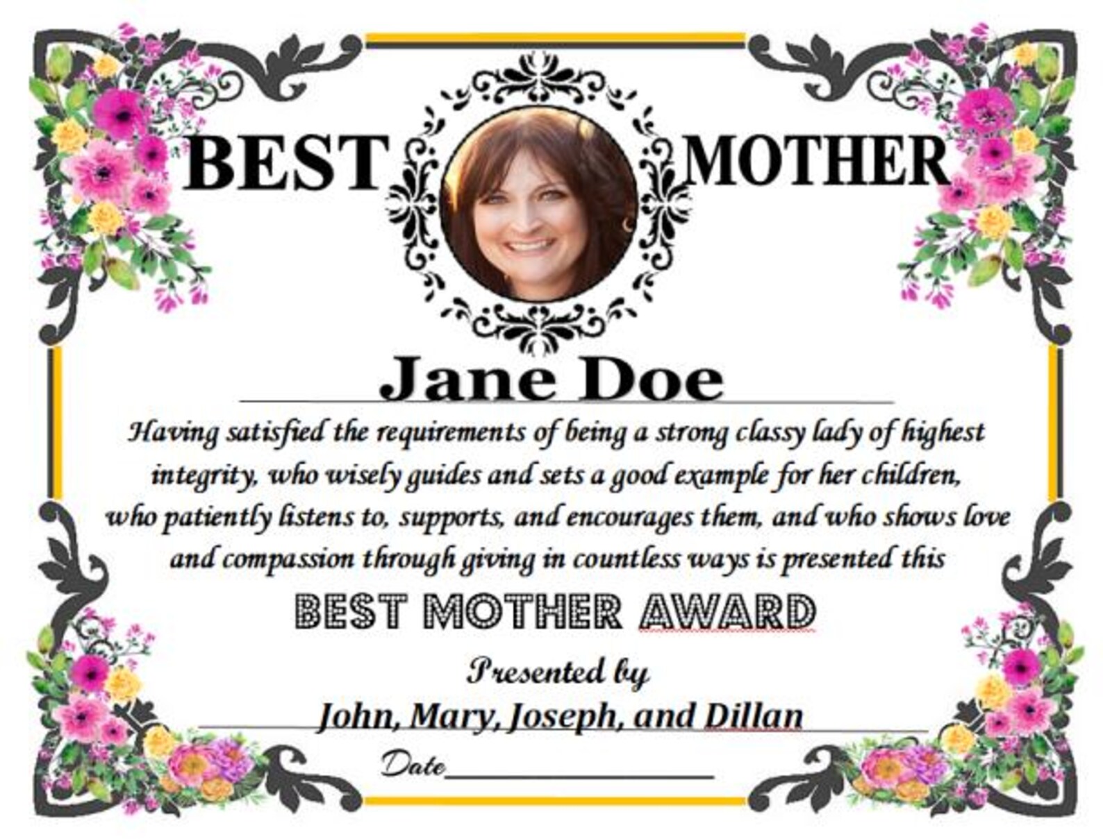 Custom Photo Personalized Mother's Day Certificate Best Mother ...