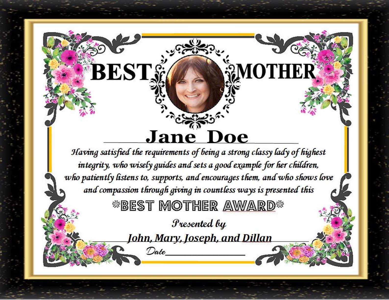 Custom Photo Personalized Mother's Day Certificate Best Mother ...