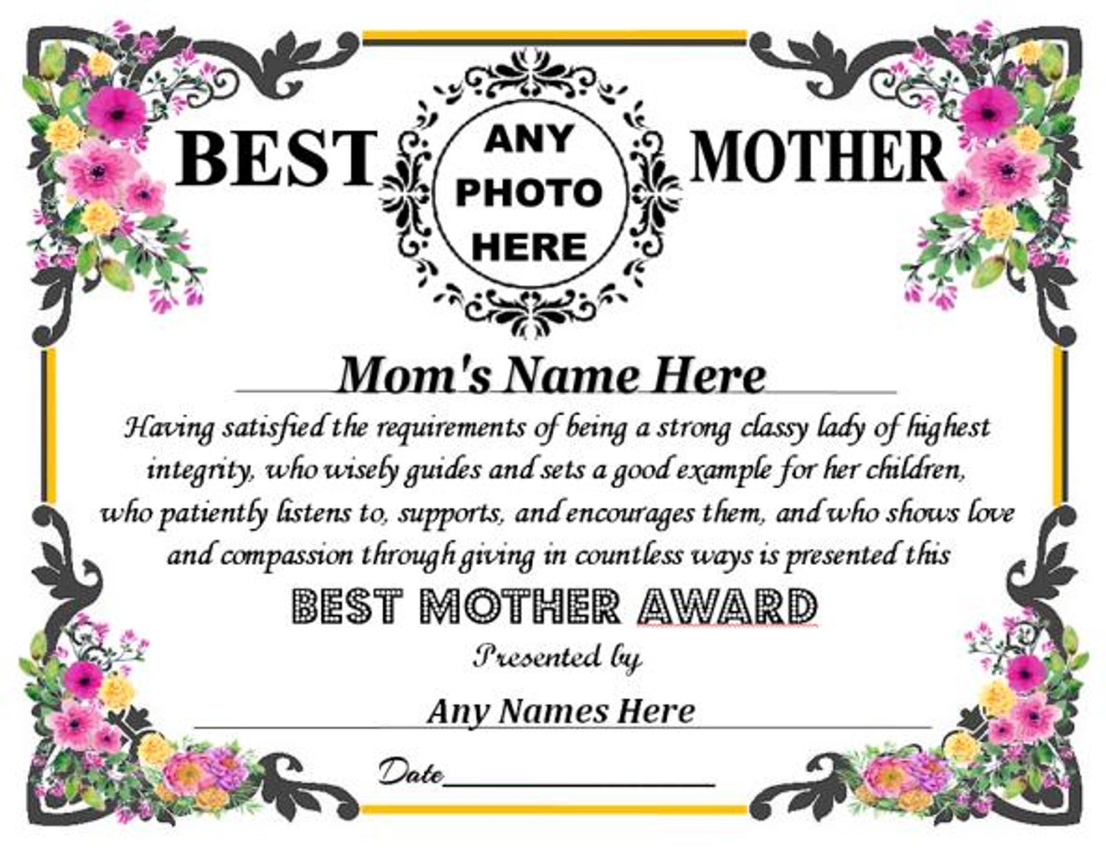 Custom Photo Personalized Mother's Day Certificate Best Mother ...