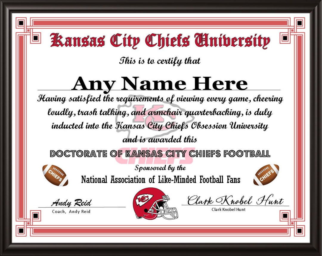 KANSAS CITY CHIEFS Football Fan Personalized Certificate - Etsy