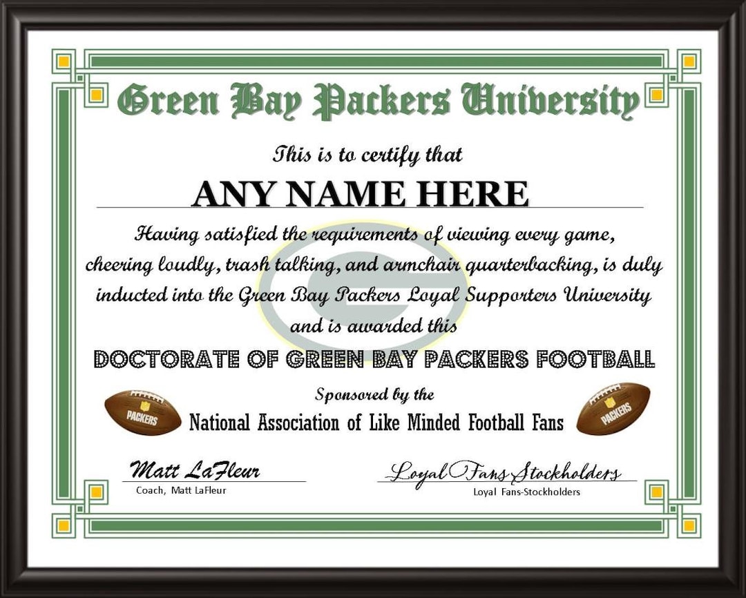 GREEN BAY PACKERS Football Fan Personalized Certificate Diploma Sports ...