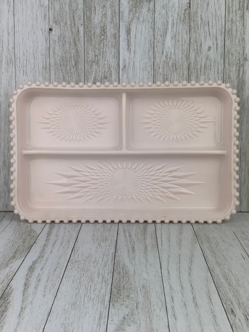 Jeanette Shell Pink Milk Glass 3-part Divided Tray / Dish With Beaded ...