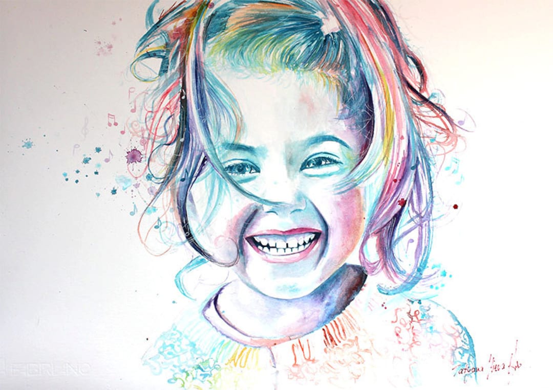 Original Watercolor Painting . Girl Portrait Painting of Smiling Child ...