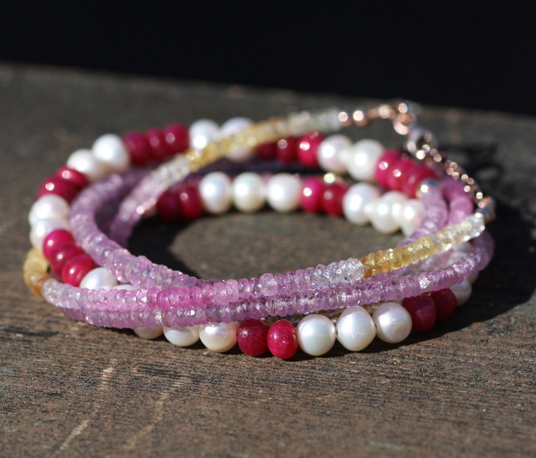 Pulsera envolvente de rubí y zafiro perla natural Collar largo Oro rosa ...