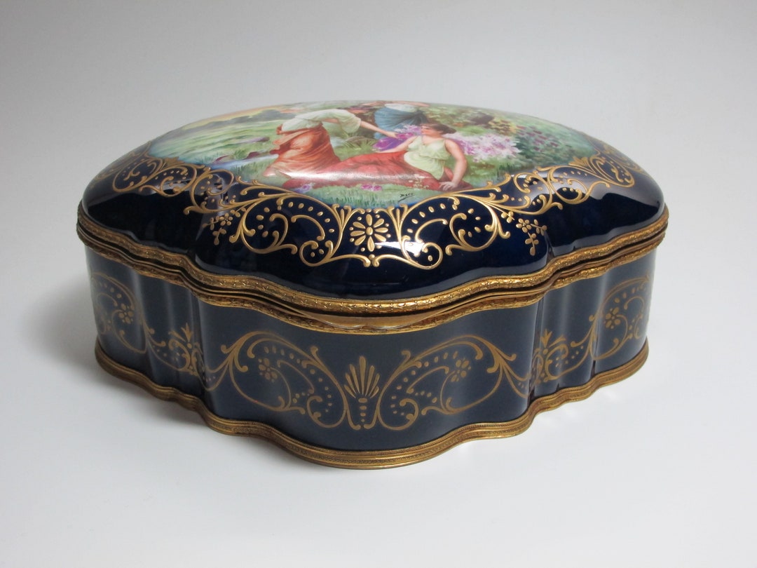 Large Antique Baroque Hand Painted Porcelain Dresser/trinket Box Marked ...
