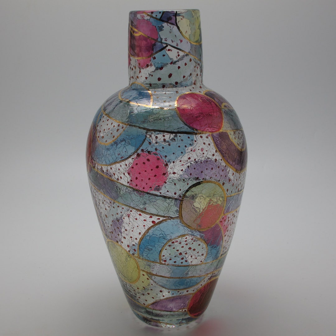 Signed Corradetti 1989 Art Glass Vase Crackle Glass With Circles and ...