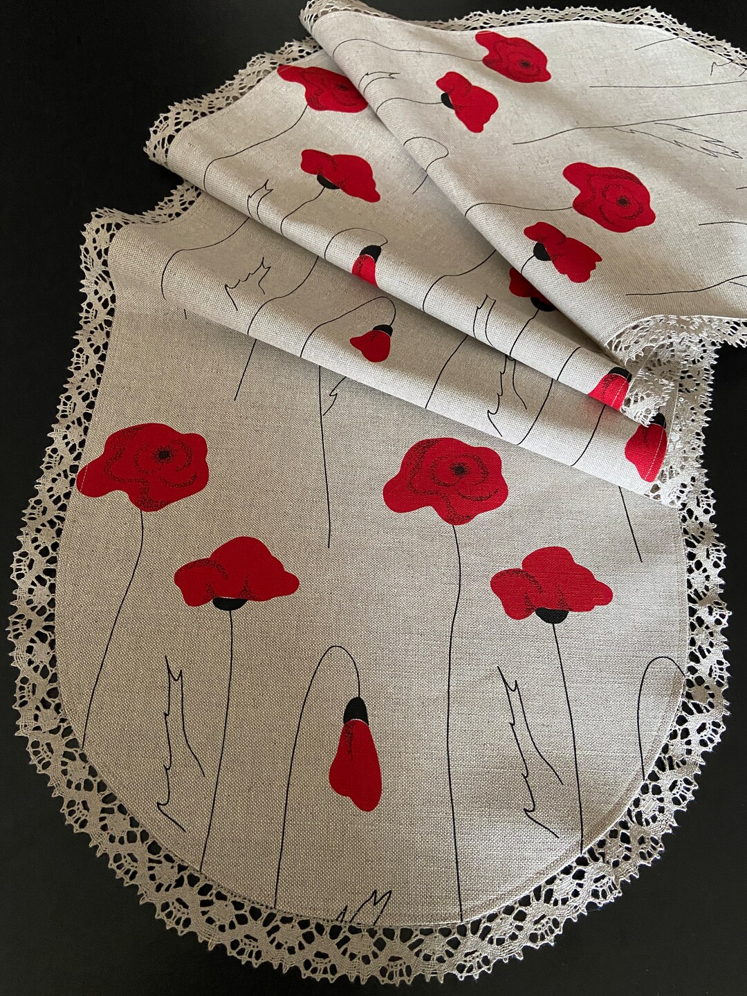 Linen Table Runner Beige Background Red Poppies Pattern With Grey Linen ...