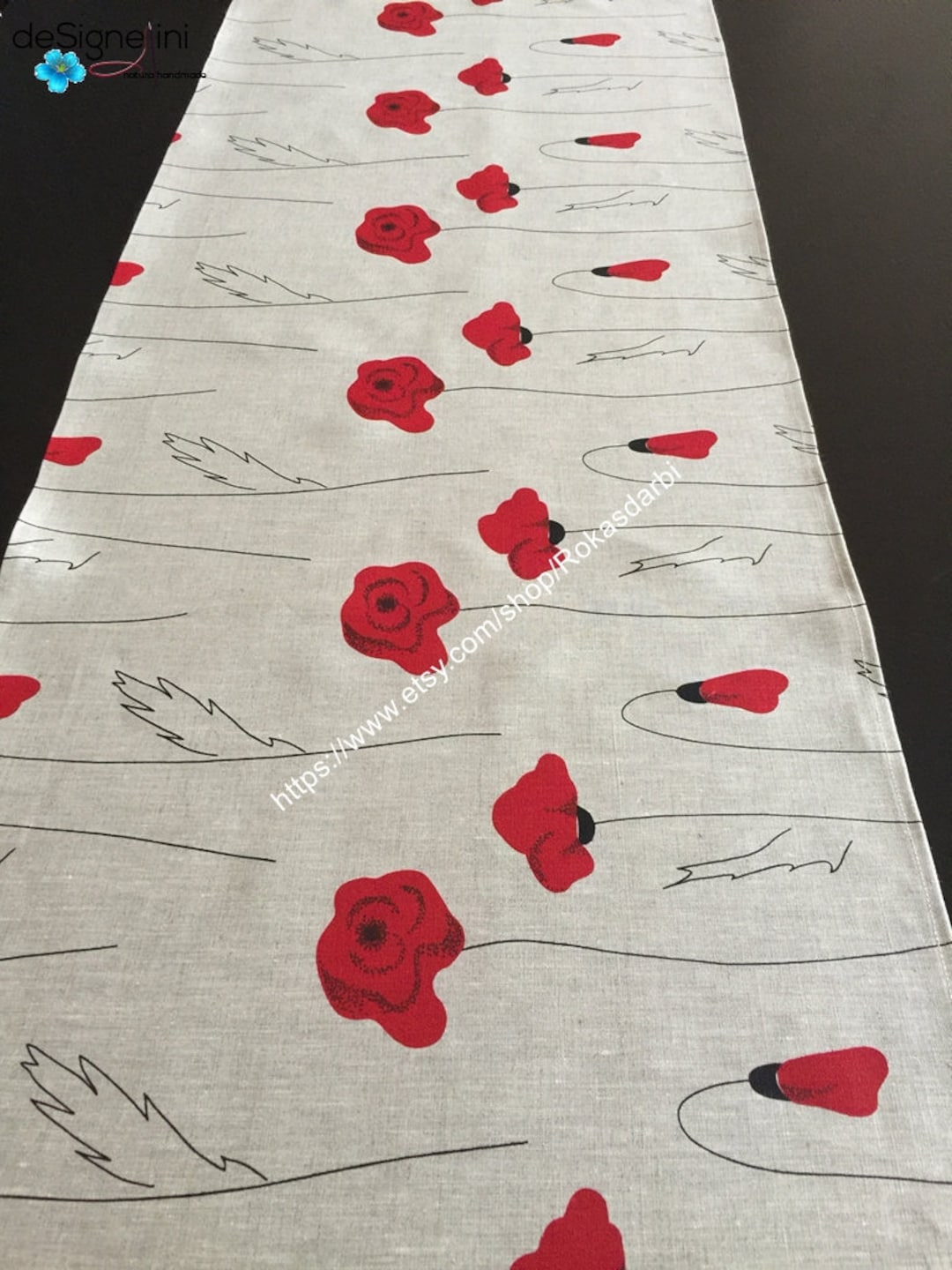 Linen Table Runner Stylized Red Poppies Pattern Grey Linen Blend - Etsy