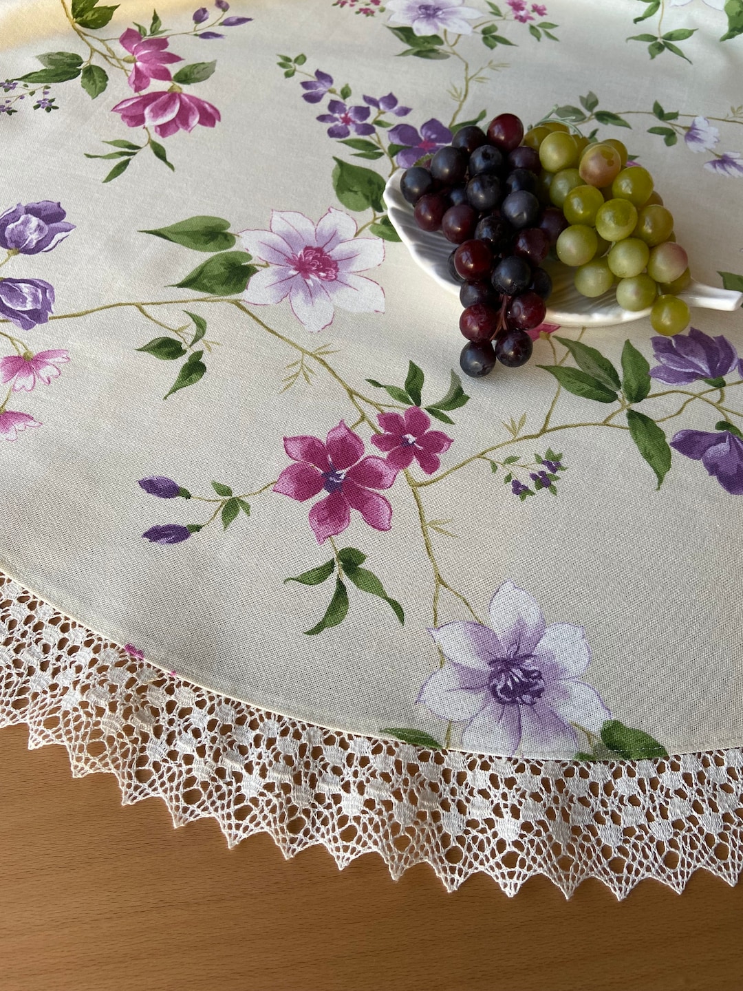 Small Floral Cotton Round Tablecloth Round Doily With Linen Lace - Etsy