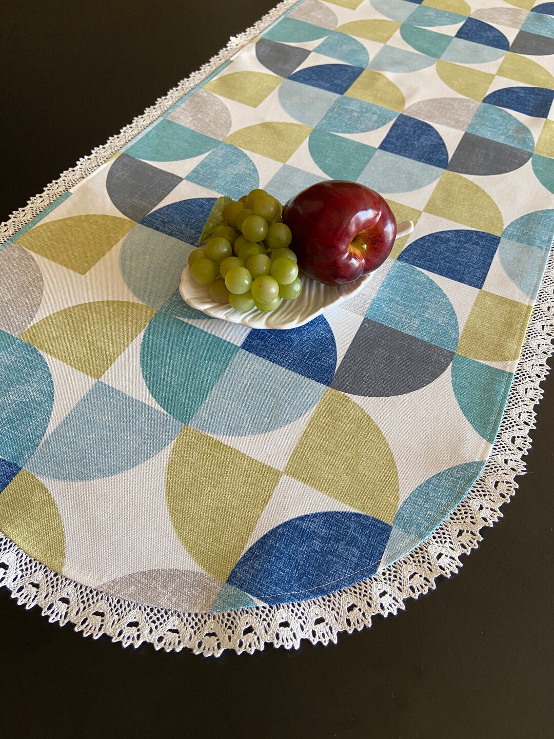 Oval Table Runner Blue Olive Green Geometric Table Runner Linen Lace ...