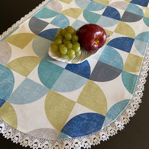 Oval Table Runner Blue Olive Green Geometric Table Runner Linen Lace ...