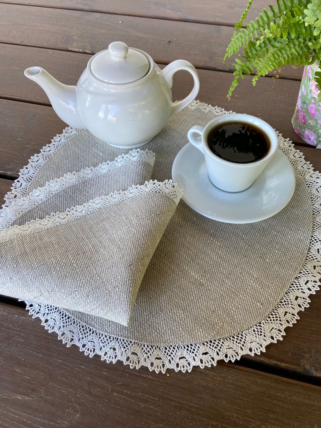 Round Linen Placemats Lace Grey Melange Table Mats Ivory Linen Lace ...