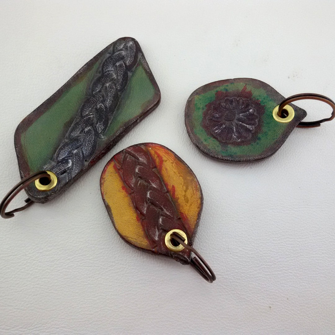 3 Unique Leather Key Fobs,colorful Leather Keyring,ooak Gift ...