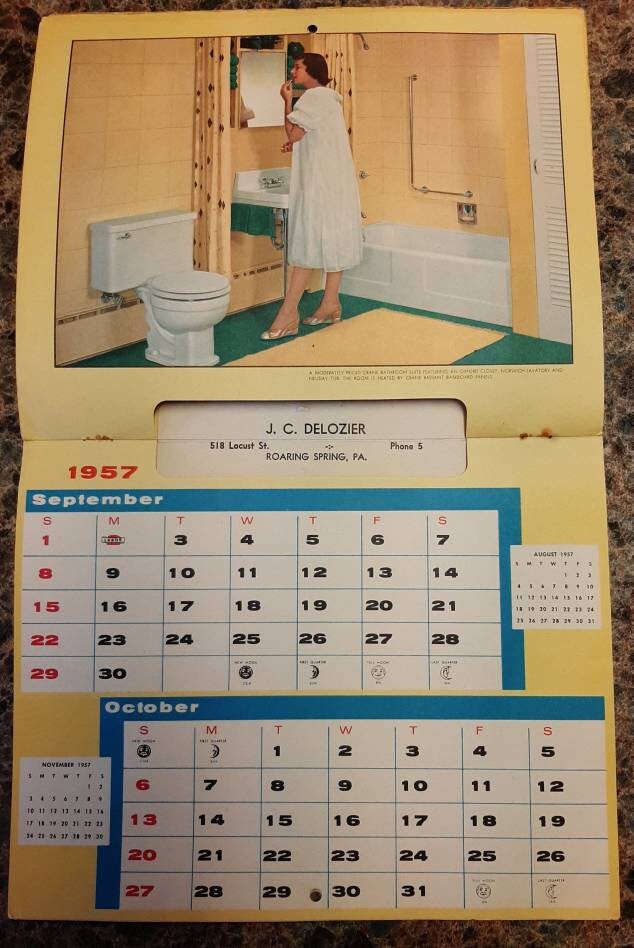 Vintage 1957 Crane Plumbing Heating Calendar J. C. Delozier Roaring ...