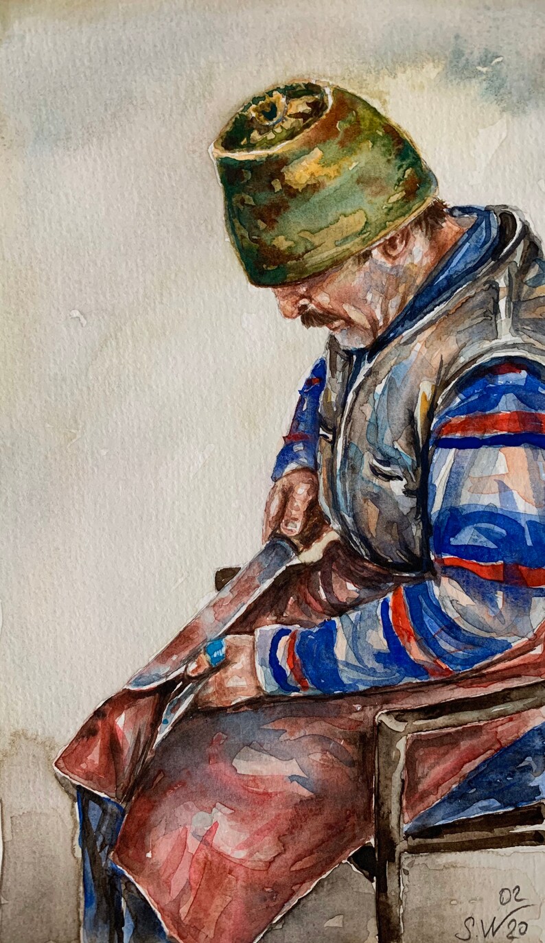 The Knife Grinder Original Watercolor Painting Figurative Art, Man in ...