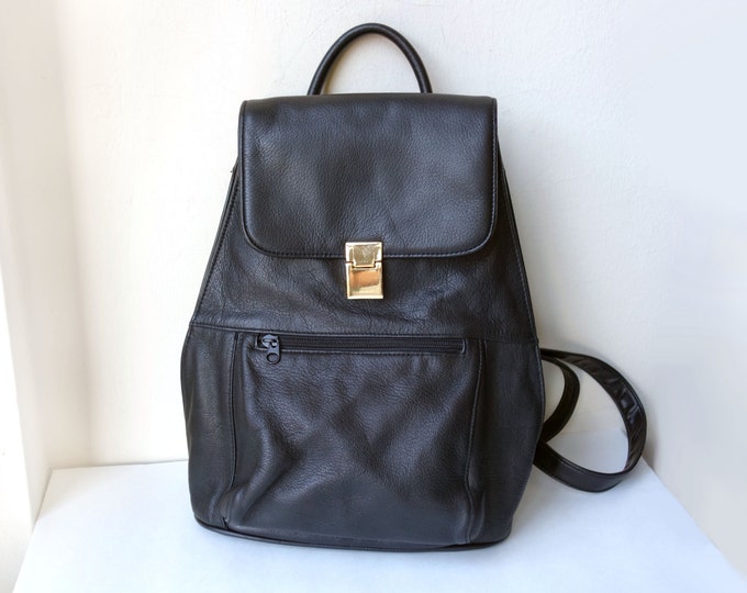 Vintage Large Black Leather Backpack Knapsack With Flap Closure ...