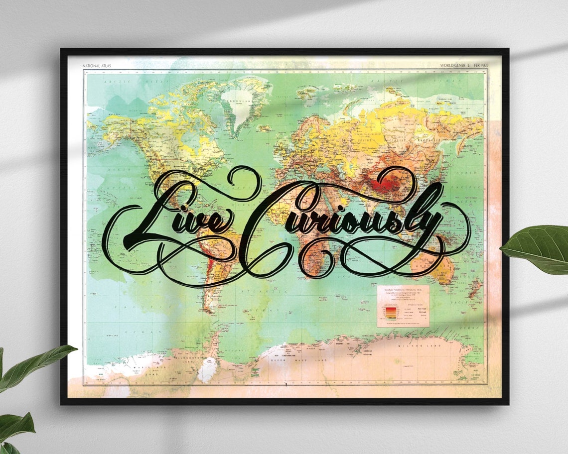 Live Curiously World Map Lettering Print - Etsy