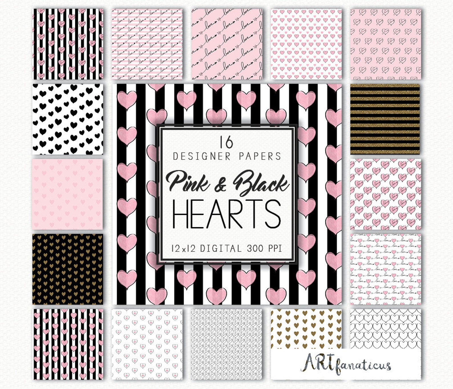 PINK & GOLD HEARTS Digital Designer Papers 16 Pink Watercolor Hand ...