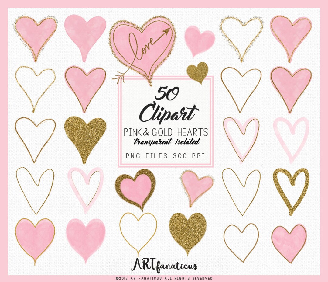 Pink & Gold Hearts - 50 Cliparts, Glitter Hearts, Heart Shapes, Love ...