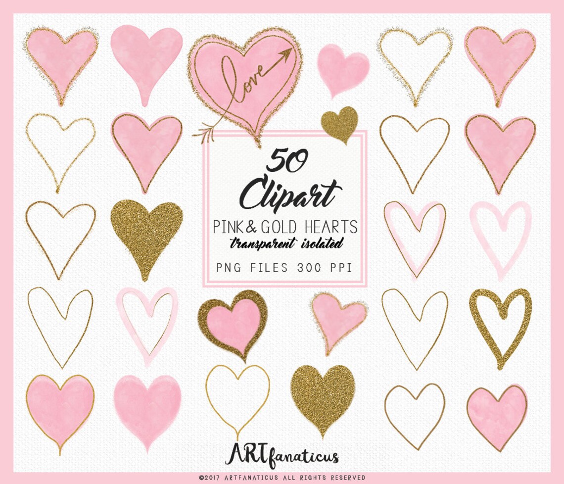 Pink & Gold Hearts - 50 Cliparts, Glitter Hearts, Heart Shapes, Love ...