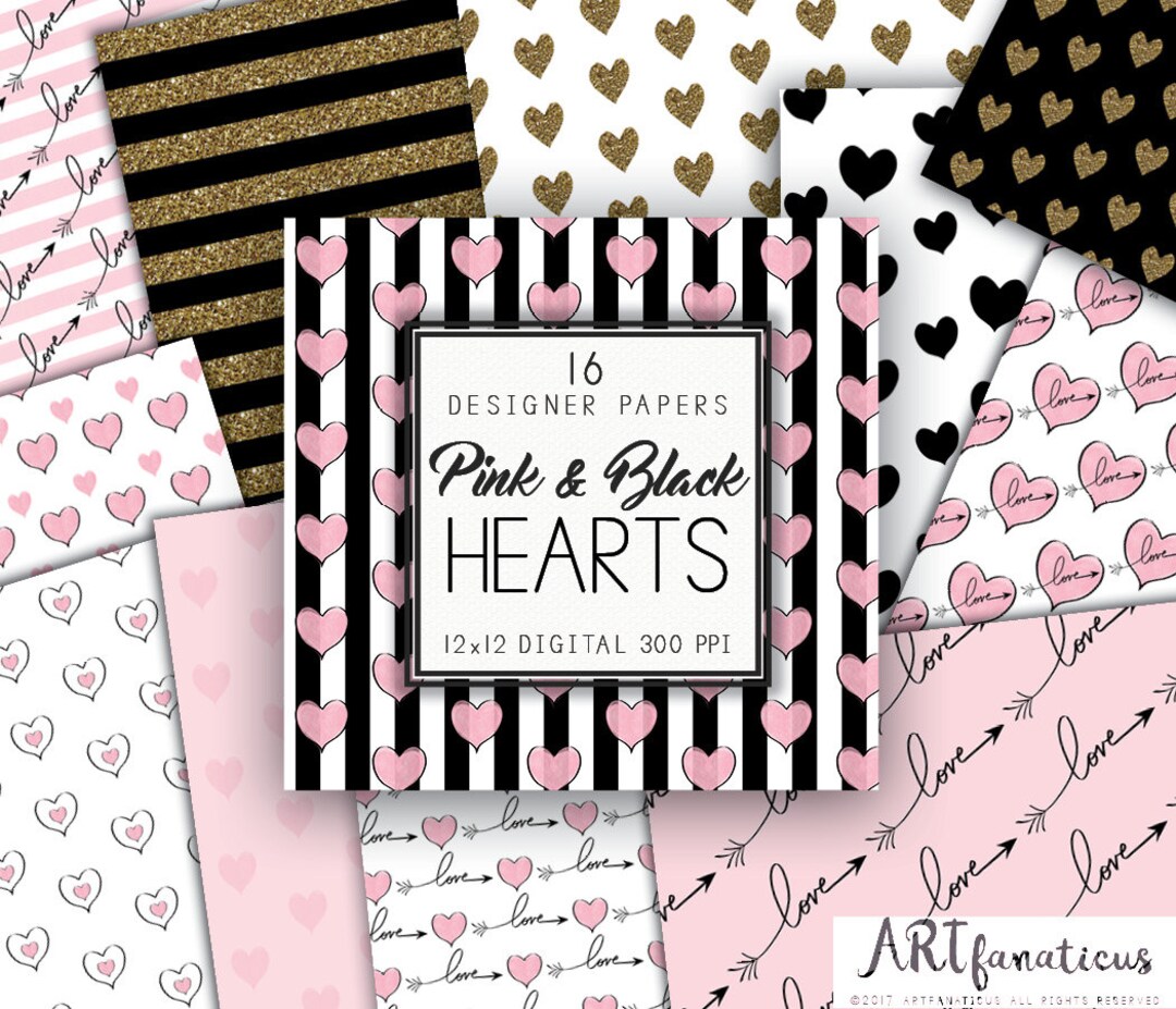 PINK & GOLD HEARTS Digital Designer Papers 16 Pink Watercolor Hand ...