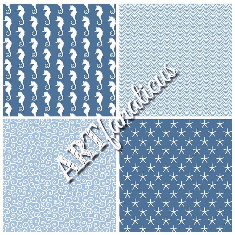 Beach Digital Papers "blue SEA Patterns" Shells, Seahorse, Waves ...