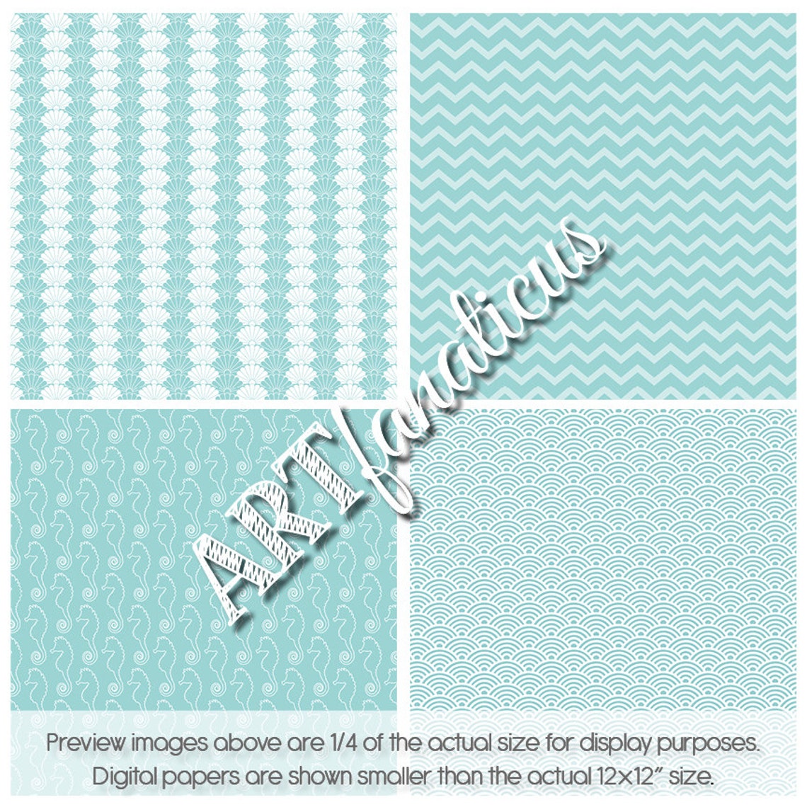 Beach Digital Papers "aqua SEA Patterns" Teal, Shells, Seahorse, Waves ...