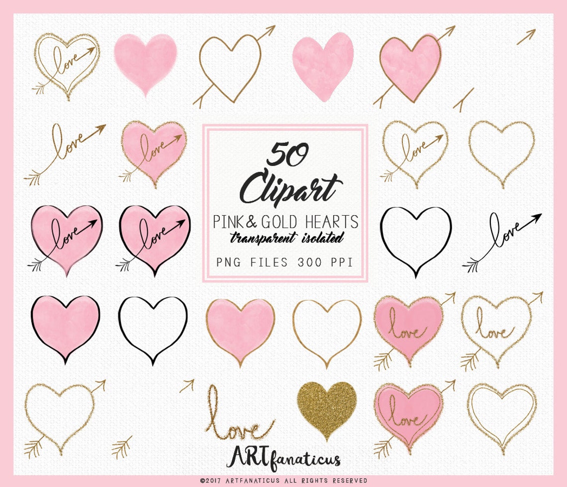 Pink & Gold Hearts 50 Cliparts, Glitter Hearts, Heart Shapes, Love ...