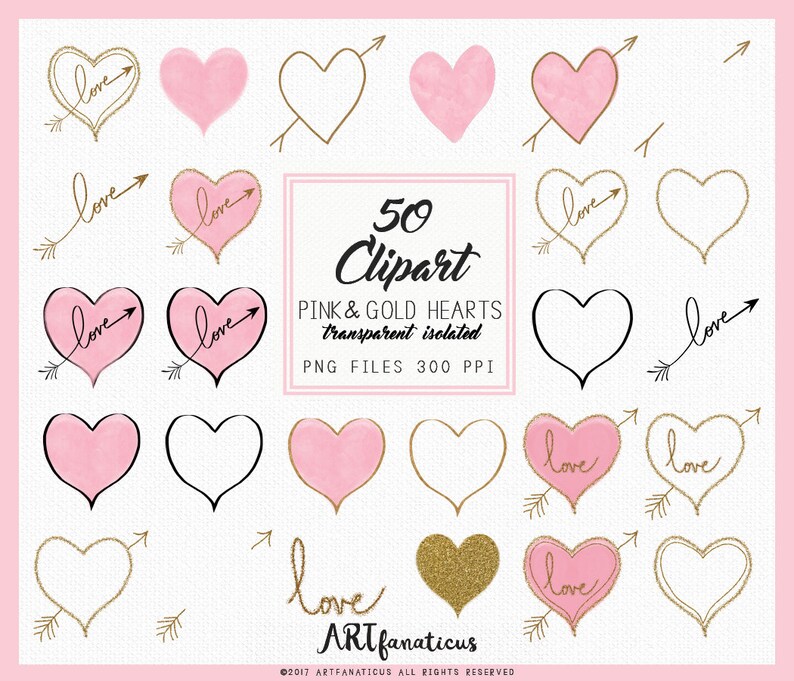 Pink & Gold Hearts - 50 Cliparts, Glitter Hearts, Heart Shapes, Love ...