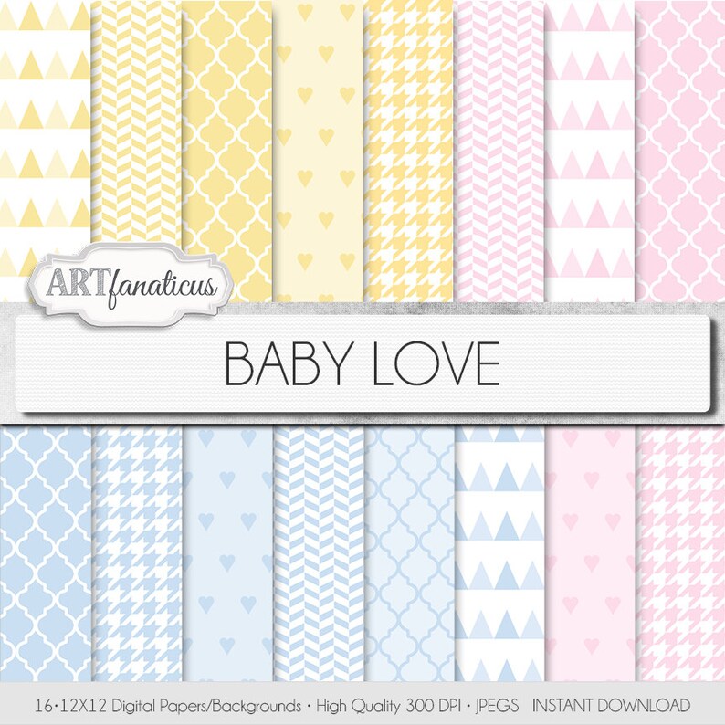 16 Baby Digital Papers "baby Love" Pink, Blue, Yellow, White ...
