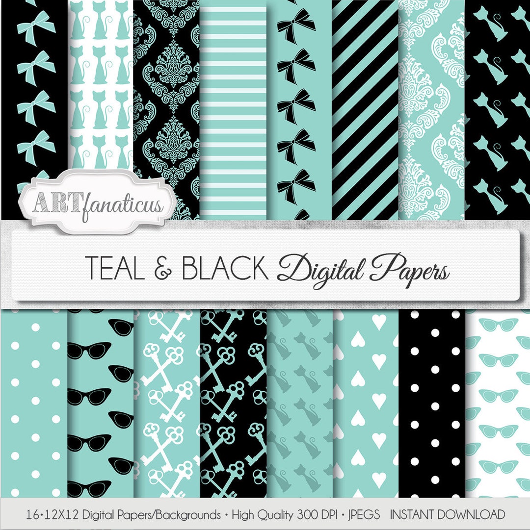 Teal Digital Papers "teal & BLACK " Teal, Bows, Cats, Sunglasses ...