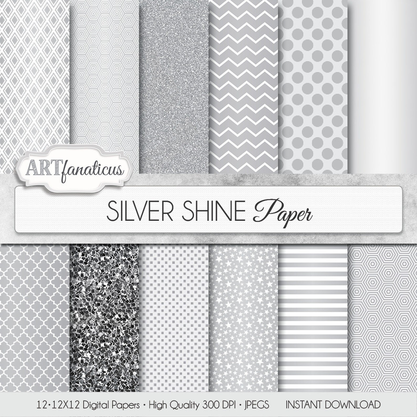 Silver Papers "silver Shine" Digital Paper With Silver Glitter, Silver ...