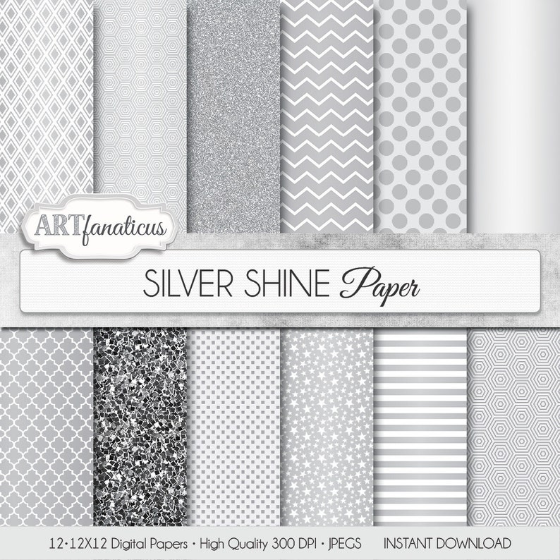 Silver Papers "silver Shine" Digital Paper With Silver Glitter, Silver ...