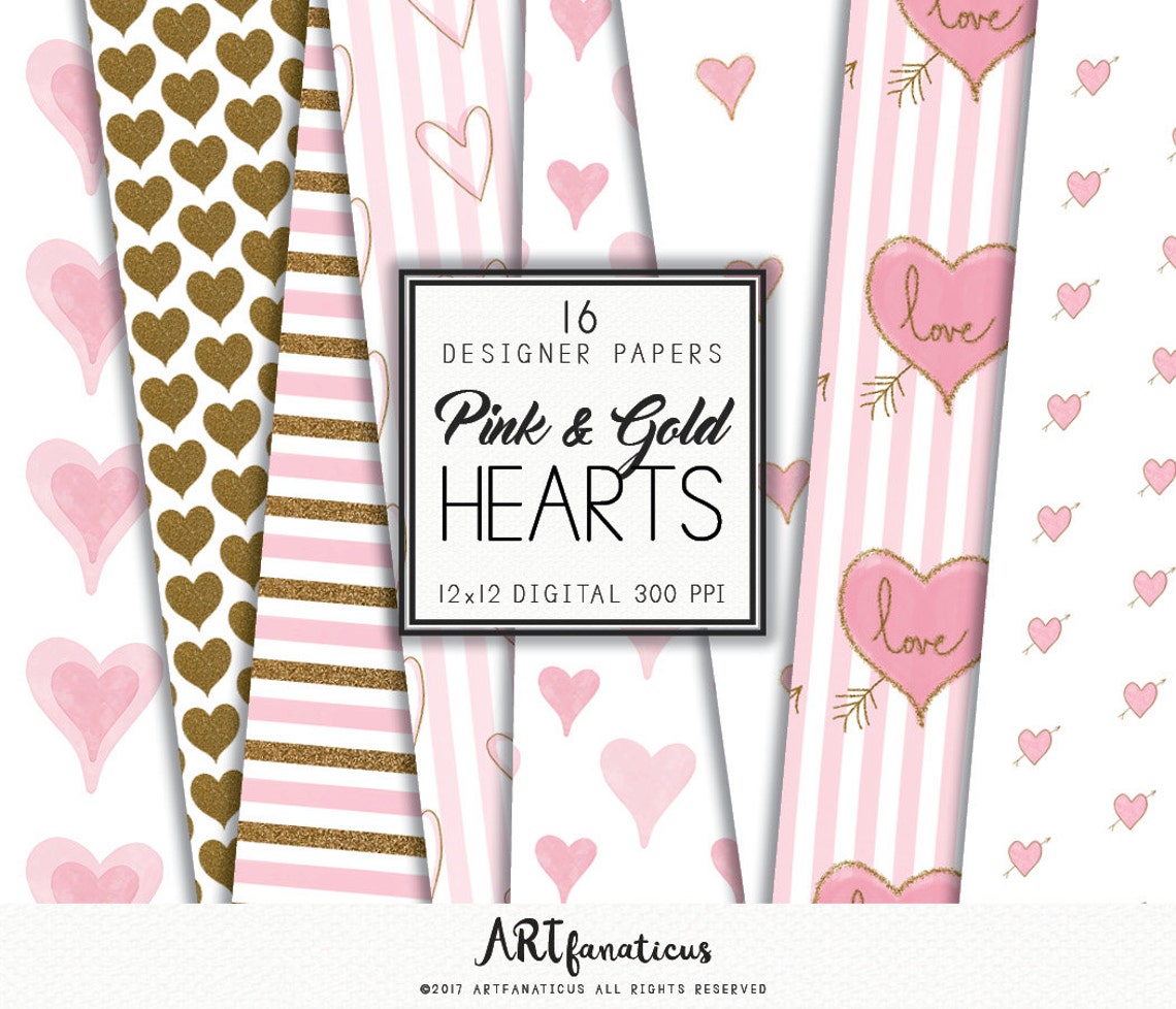 Pink & Gold Hearts Digital Designer Papers 16 Gold, Glitter, Pink ...