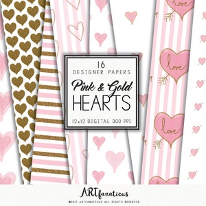 Pink & Gold Hearts Digital Designer Papers 16 Gold, Glitter, Pink ...