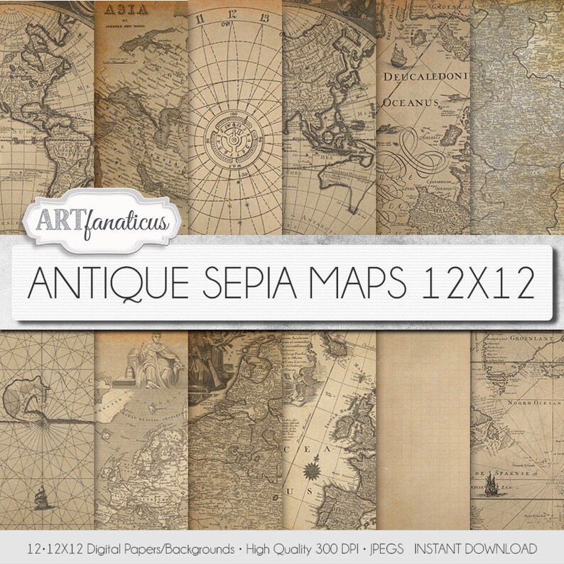 Antique Maps 12x12 Digital Papers, "antique SEPIA MAPS 12x12 ...
