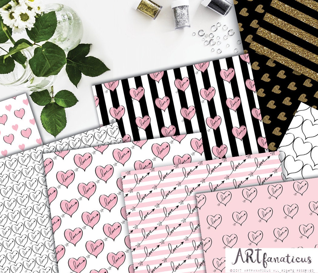 PINK & GOLD HEARTS Digital Designer Papers 16 Pink Watercolor Hand ...