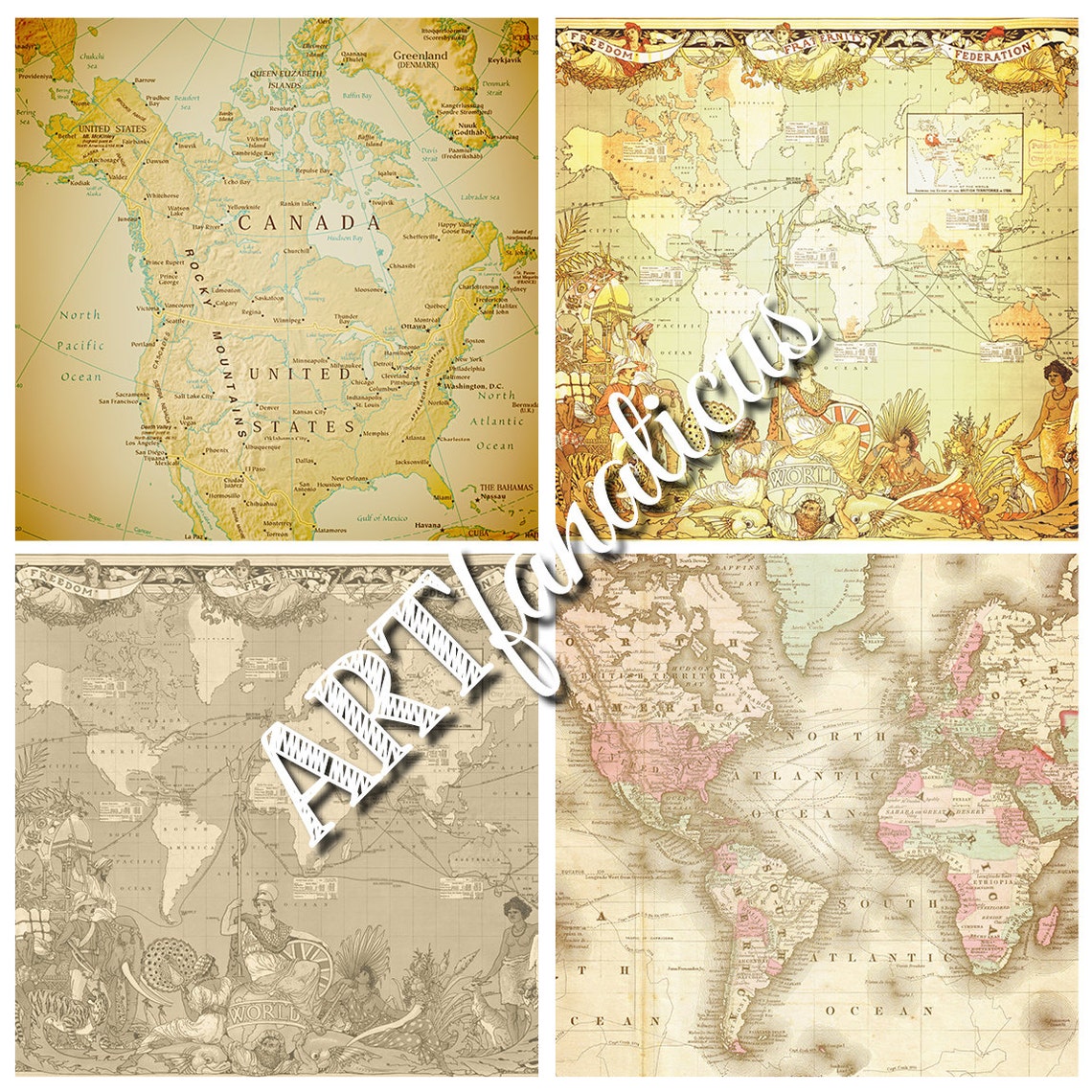 Mappe vintage carta digitale, "VINTAGE MAPS" Viaggi,mappe antiche, vecchio mondo, globo, America ...
