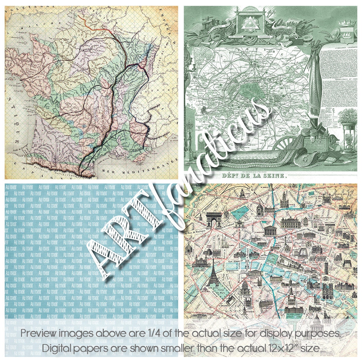 French Vintage Maps Digital Papers, "french VINTAGE Maps" Backgrounds ...