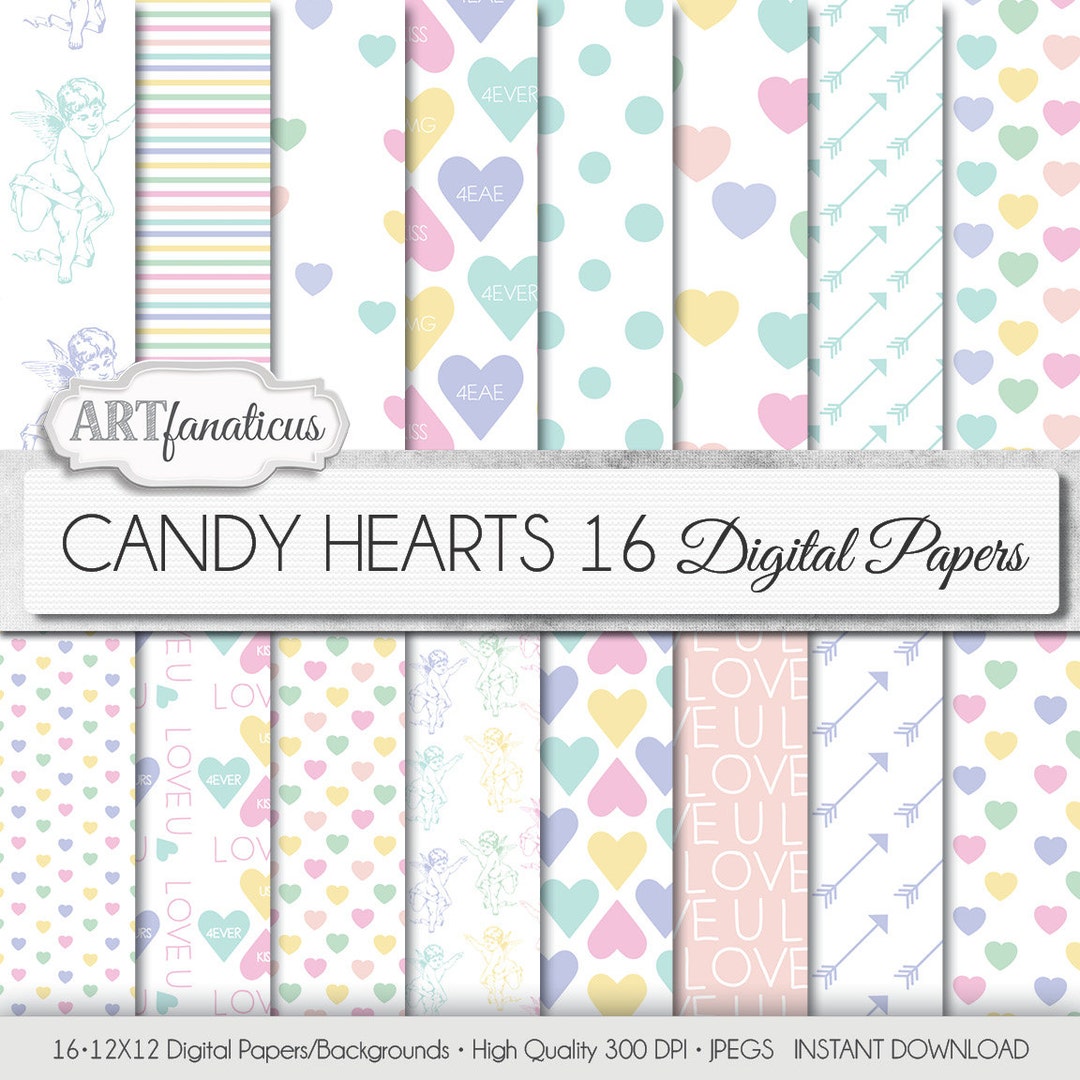 CANDY HEARTS 16, Digital Papers, Candy Hearts, Valentine's Day Candy ...