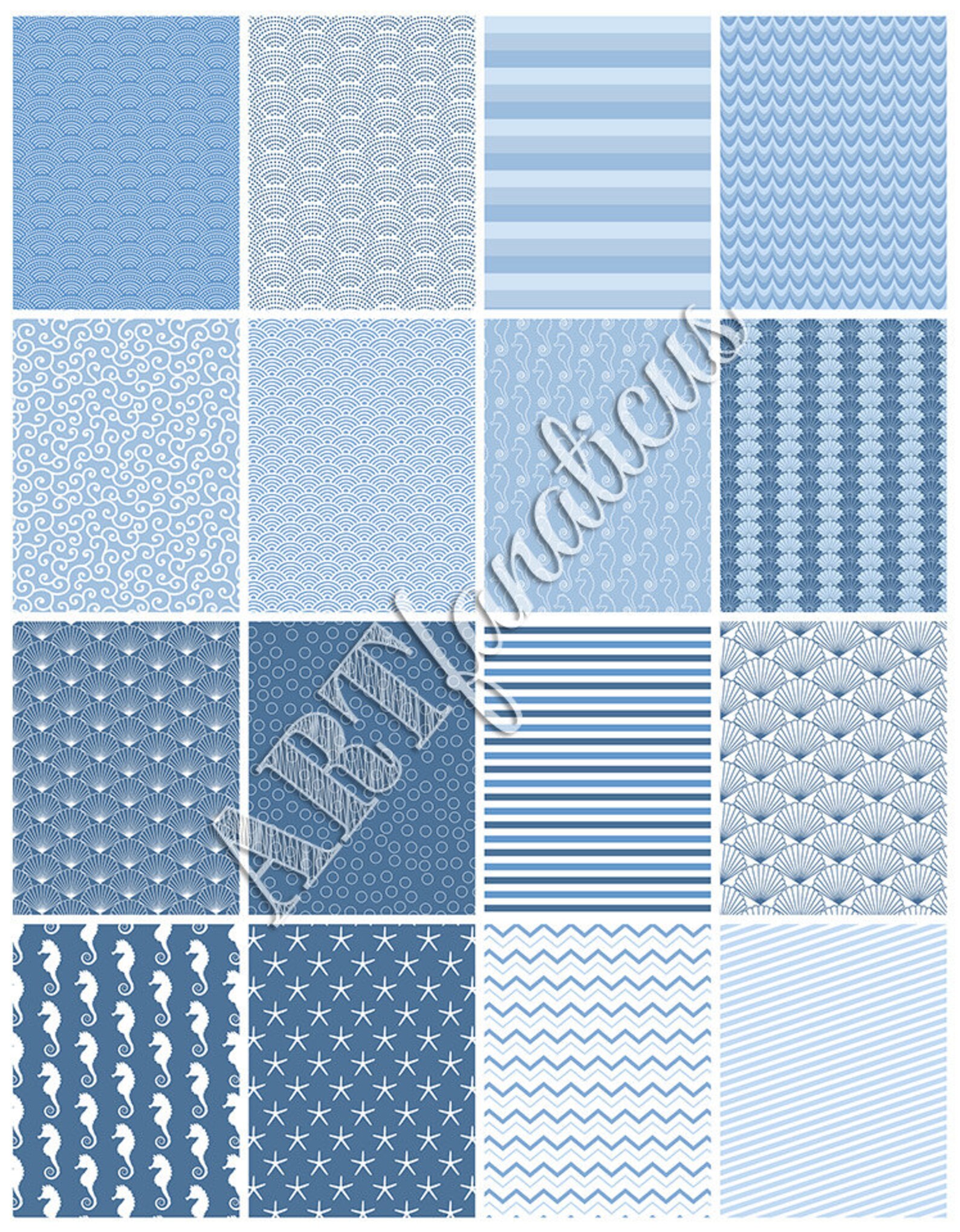 8.5x11 Beach Digital Papers "blue SEA Patterns" Shells, Seahorse, Waves ...