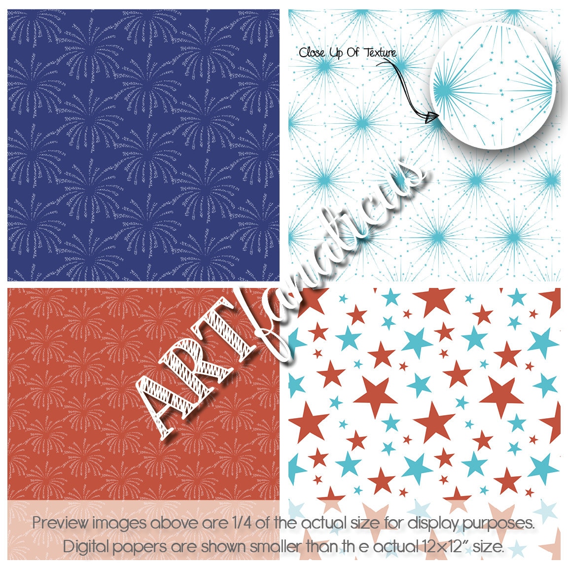 July 4th Digital Papers "fourth of July" Fireworks, Red and Blue, Stars ...