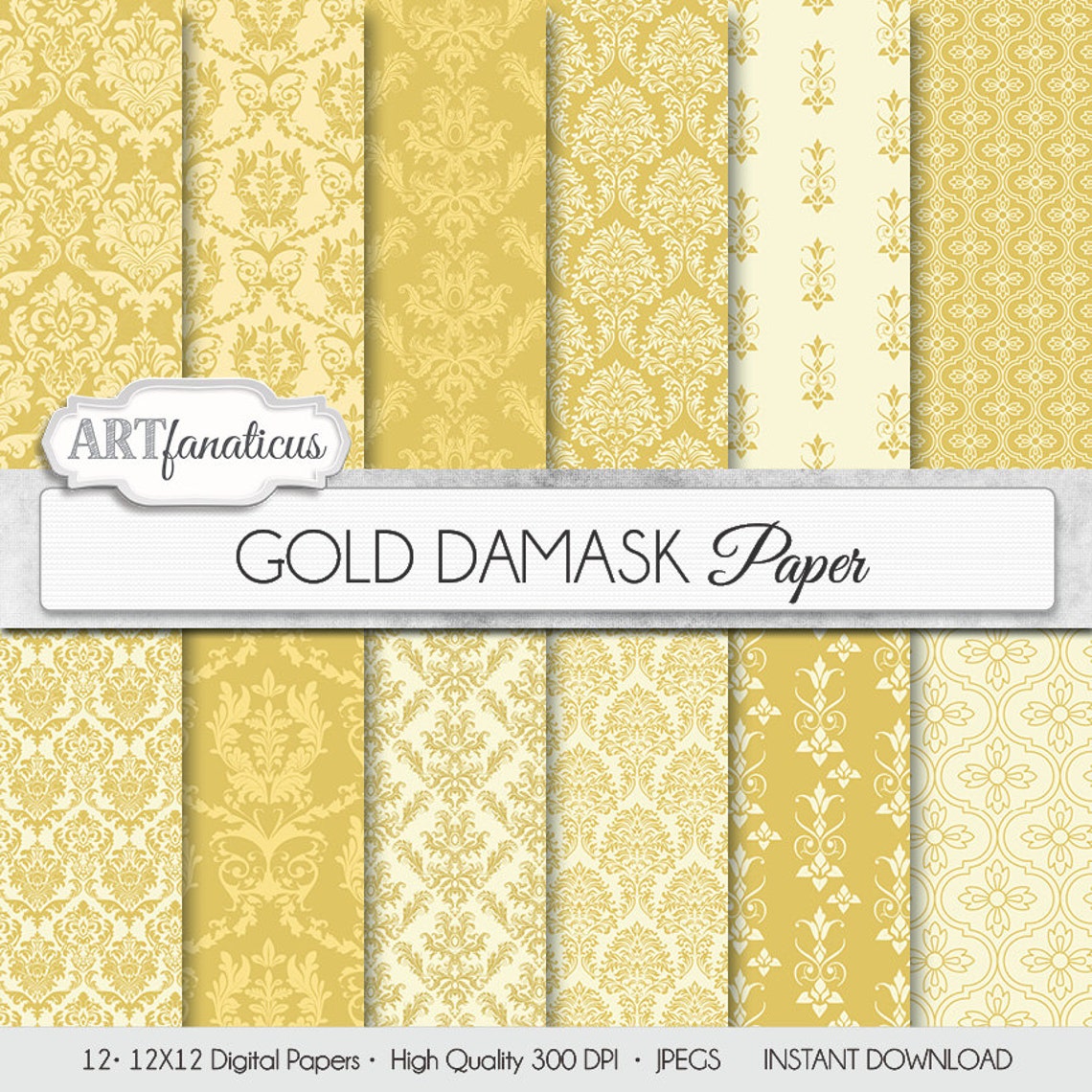 Damask Digital Papers "gold Damask" Elegant, Gold and White, Damask for ...