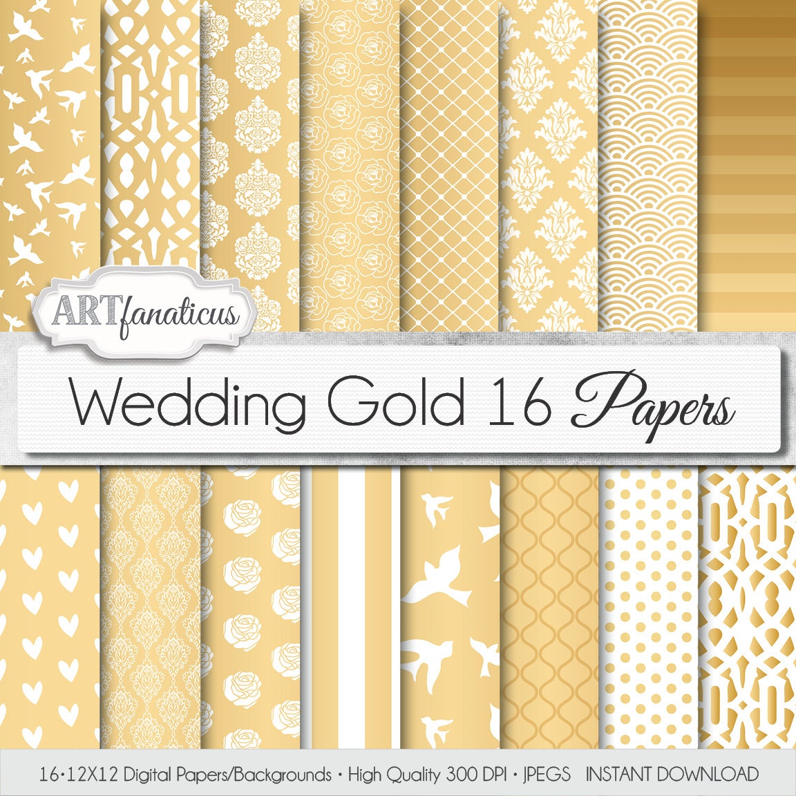 Wedding Digital Papers "wedding Gold" Gold Background, Floral, Roses ...