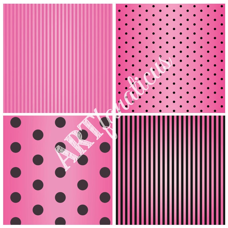 Pink Digital Papers "hot Pink Dots & Stripes" Romantic Pink Backgrounds ...