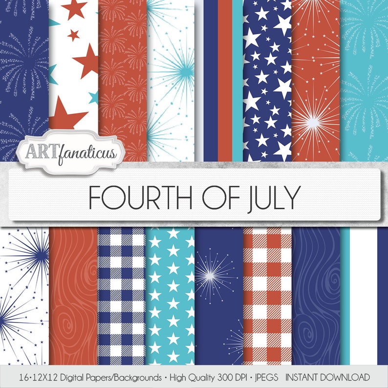 July 4th Digital Papers fourth of July Fireworks, Red and Blue, Stars ...