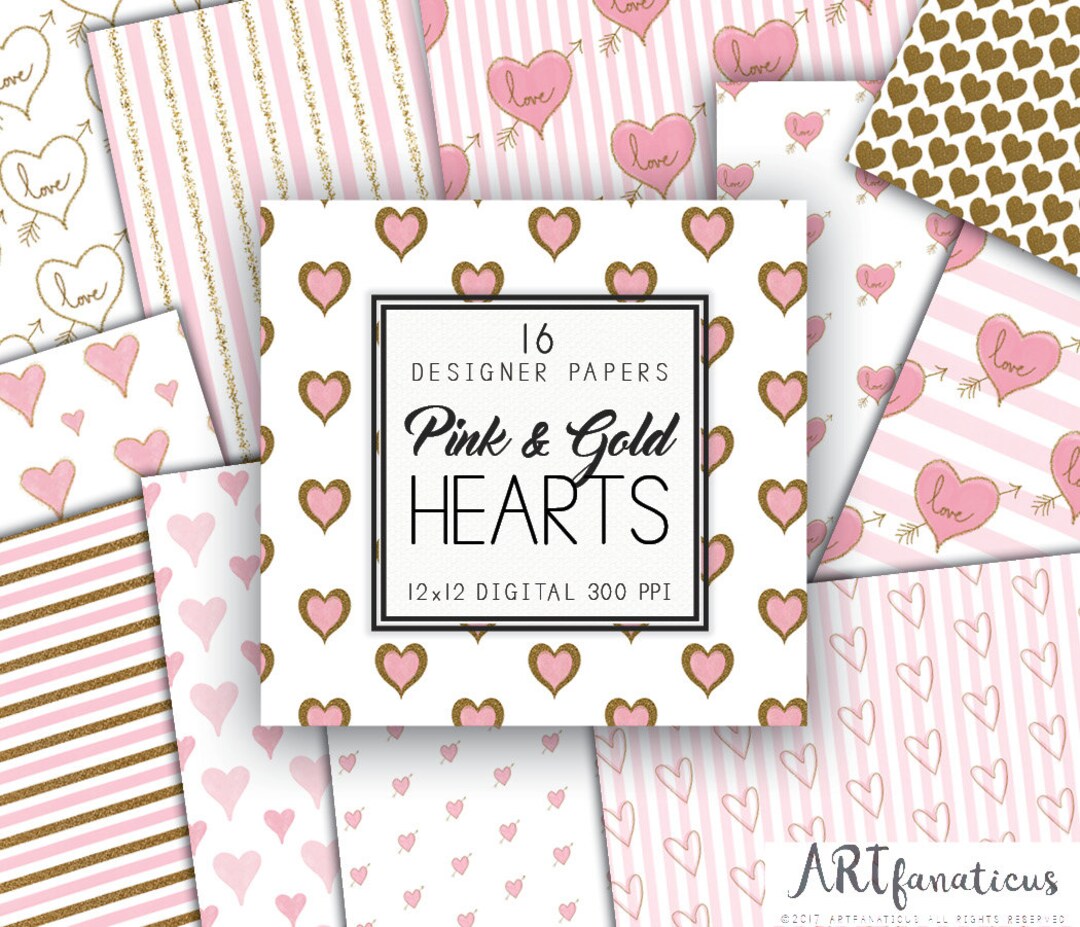 Pink & Gold Hearts Digital Designer Papers 16 Gold, Glitter, Pink ...